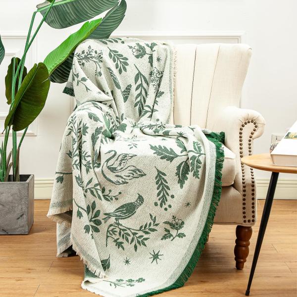 商品名: LALIFIT ボーホーシック装飾スローブランケット ヴィンテージウッドランドフローラルバードデザイン タッセル付き ソフトコットン 軽量で快適 自宅、カウチ、ソファ、農家用 50x60インチ (クリスマスグリーン) LALIFI...