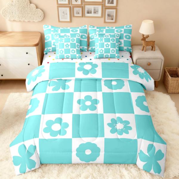 商品名: Feelyou かわいい花 チェック ツイン 掛け布団セット シーツ付き 子供 男の子 女の子 ブルー ホワイト チェック柄 7ピース 寝具セット 幾何学模様 プレッピーベッド バッグ入り ファッション 幾何学スタイル 部屋の装飾...
