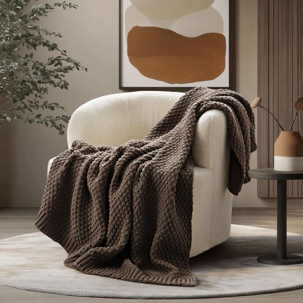 商品名: EVERGRACEHOME チャンキー シェニール ニット スローブランケット ソファ用 ソフトで豪華なモスステッチブランケット ベッド用 居心地の良い装飾ファームハウス ニットスローソファ用 ココアブラウン 50インチ x 60...