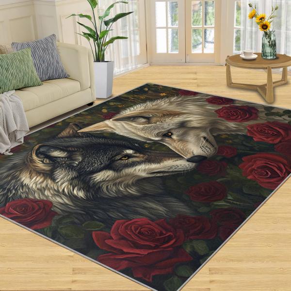 商品名:  BAFABUI Wolf Rug - 6x8 Area Rug, Rosy Wolf Rugs for Bedroom, Romantic Animal Washable Rugs for Living Room, Non Sl...