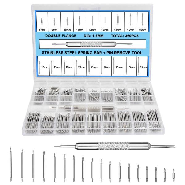 商品名: 360個 8-25mm 時計バンドピン、直径1.5mm 時計バンド スプリングバー リンクピン ストラップリンクピンリムーバーツール付き、時計修理キット ほとんどの種類のステンレススチールウォッチ用 360Pcs 8-25mm W...