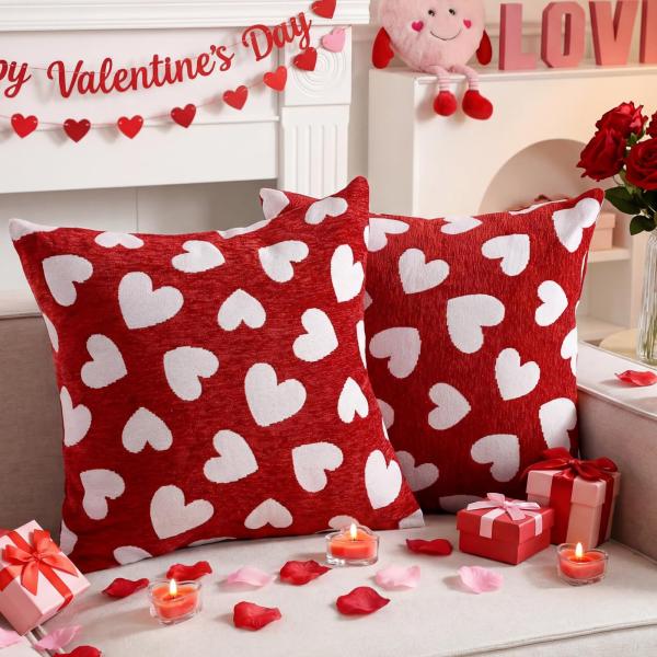 商品名: Frienda バレンタインデー シェニール 枕カバー 2枚セット 18 x 18インチ レッド&amp;ホワイト ハート柄 装飾スローピローケース ソファ/寝室用 Frienda Valentine's Day Chenille...