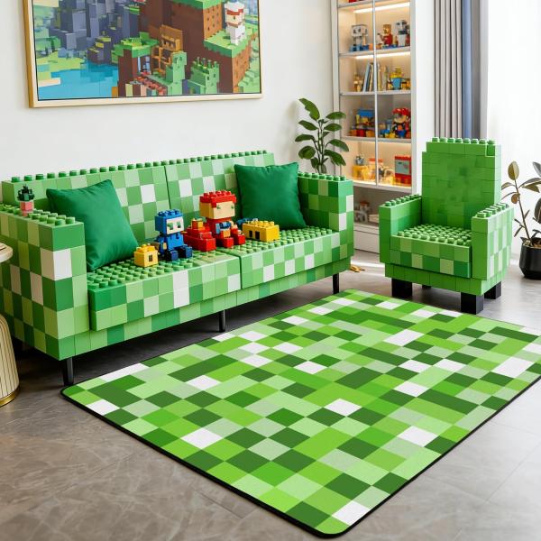 商品名:  Pixel Style Games Area Rugs,Miner Theme Non Slip Carpet Light Green Block Indoor Floor Mat Entrance Rug,Building G...