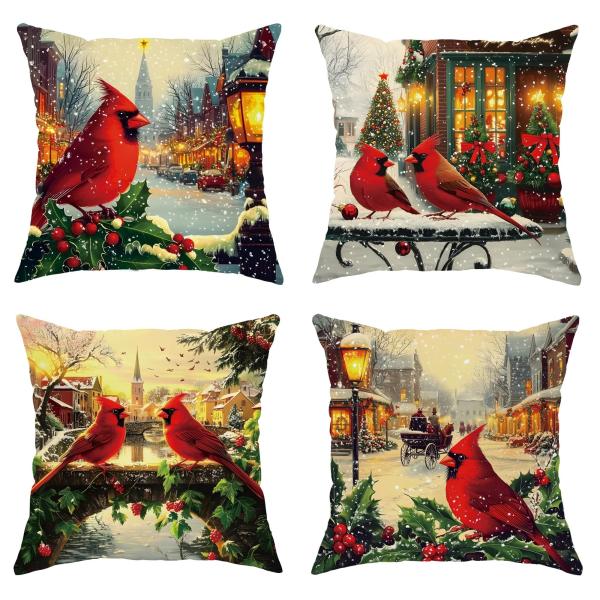 商品名:  Christmas Throw Pillow Covers Set of 4, Red Cardinal Bird Decorative Cushion Cases, Winter Holiday Outdoor Farmhou...