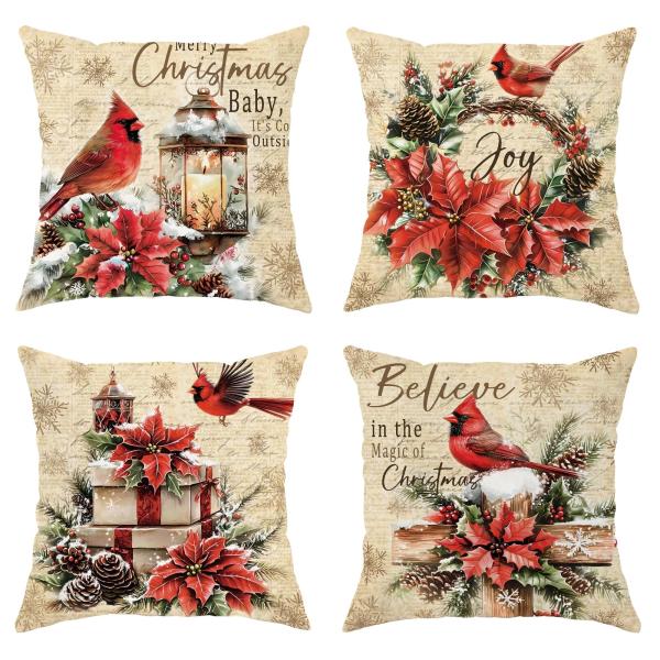商品名:  Christmas Throw Pillow Covers Set of 4, Red Cardinal Poinsettia Decorative Cushion Covers, Festive Winter Home Dec...