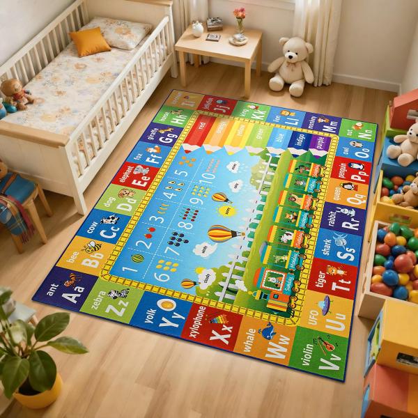 商品名: Mejorug 5x7 子供用教育ラグ プレイルーム/教室/寝室用 ABC、数字、色、季節、動物の言葉を学ぶためのエリアラグ 滑り止め 洗濯可能 プレイマット カーペット 保育園 幼児部屋の装飾用 Mejorug 5x7 Kids...