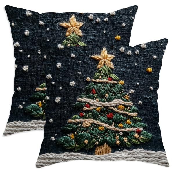 商品名:  Christmas Throw Pillow Covers Set of 2, Dark Blue Embroidered Tree Cushion Cases, Holiday Decorative Square Home S...