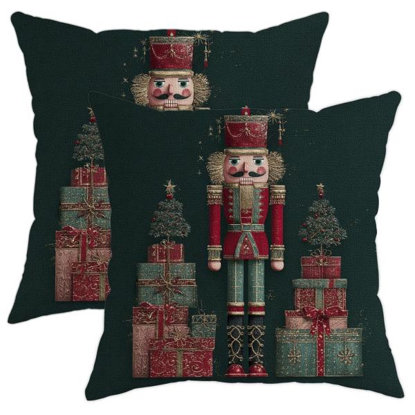 商品名:  Christmas Nutcracker Throw Pillow Covers Set of 2, Dark Green Holiday Decorative Cushion Cases for Home Sofa Bed C...