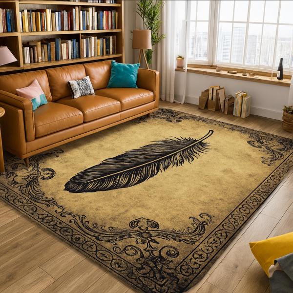 商品名:  Feather Area Rug, Vintage Artistic Ornate Border Vintage Design None Brown Low Pile Foam Rectangle Floor Carpets E...