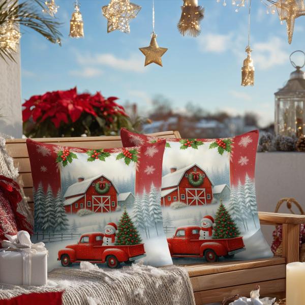 商品名: HOMETITUTE クリスマスクッションカバー 2枚セット 18x18インチ ソフト 装飾 レッド 納屋 トラック 雪だるま クッションカバー 素朴な農家 休日 冬 枕カバー ソファ カウチ ベッド ホームデコレーション HOM...