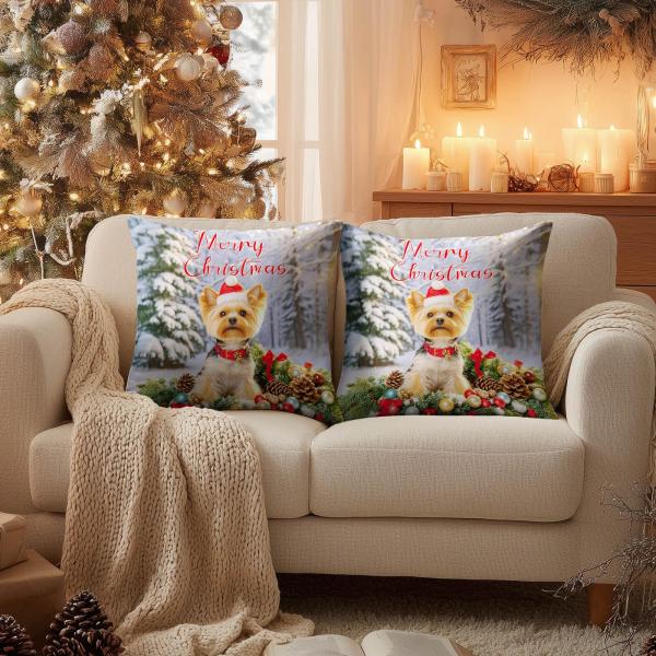 商品名: HOMETITUTE クリスマス 犬 スロー枕カバー 2枚セット 18x18インチ ソフト 装飾 ヨーキー クッションカバー ホリデー 冬 クリスマス 枕カバー 素朴なファームハウス 装飾 ソファ カウチ ベッド リビングルーム ...