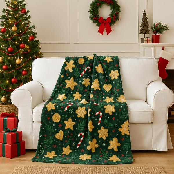 商品名: Serafina ホームホリデークリスマスフリーススローブランケット- 60 x 50 フラシ天グリーン、ゴールドジンジャーブレッドメンズ、スター&amp;キャンディケーンデザイン ソファ、カウチ、椅子、ベッドや寮の居心地の良いア...