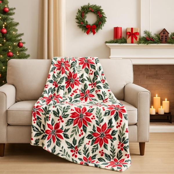 商品名: Serafina ホームホリデークリスマスフリーススローブランケット- 60 x 50 プラッシュホワイトスロー、レッドポインセチア、グリーンヒイラギの葉と赤いベリーのデザイン。ソファ、ソファ、椅子、ベッド、寮に心地よいアクセント...