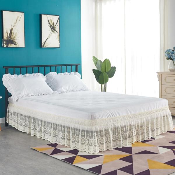 商品名: ラップアラウンドフリルレースベッドスカート15インチドロップ、イージーフィット弾性ダストラッフルツインサイズベッド、3サイド寮ベッドフレームカバー Wrap Around Ruffled Lace Bed Skirt 15 Inc...