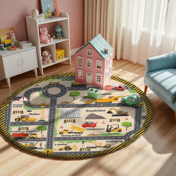 商品名:  Construction Site Play Rug for Kids -3.3ft Round Interactive Engineering Vehicles Faux Wool Carpet with Excavator ...