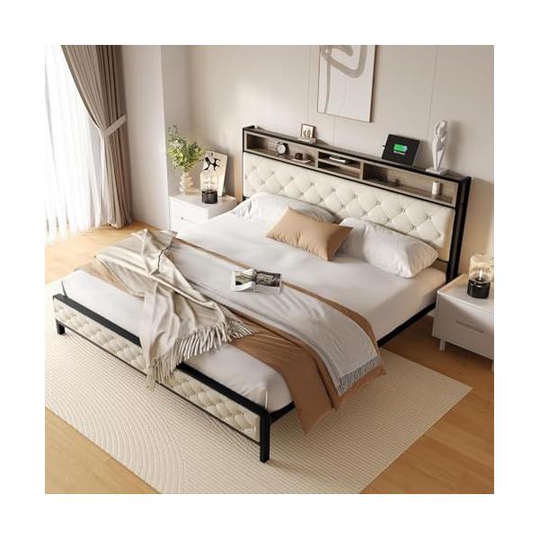 商品名:  King Size Bed Frame with Upholstered Storage Headboard, Platform Bedframe with Charging Station, Footboard and Met...
