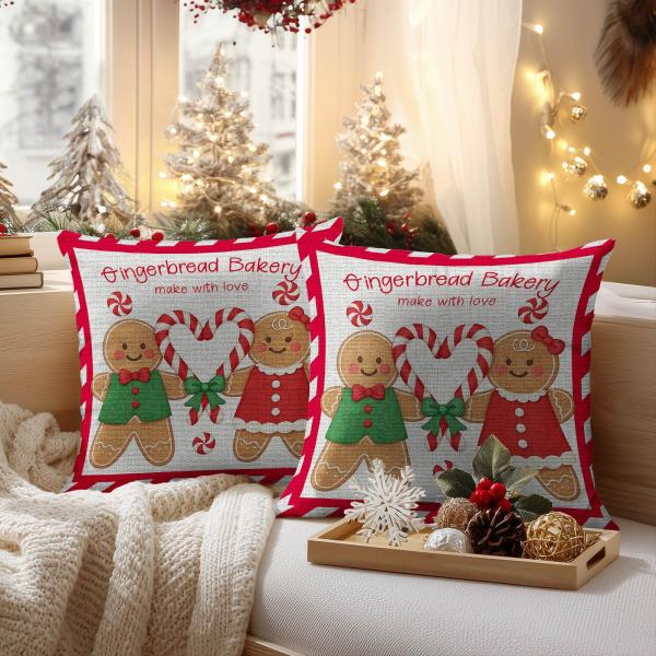 商品名: HOMETITUTE クリスマス スロー ジンジャーブレッド ベーカリー 枕カバー 2枚セット 18x18インチ リネン ソフト 装飾クッションカバー ホリデー クッキー キャンディ ケーン ファームハウス 冬 枕カバー ソファベ...