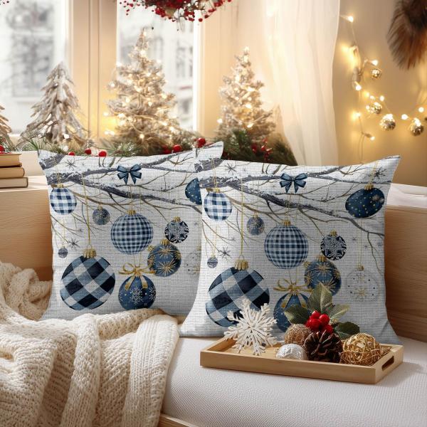 商品名: HOMETITUTE クリスマス スロー 枕カバー 2枚セット 18x18インチ リネン 装飾クッションカバー ブルー ゴールド 格子柄 スノーフレーク パターン 冬 ホリデー 枕カバー ソファ カウチ ベッド ホームデコレーショ...