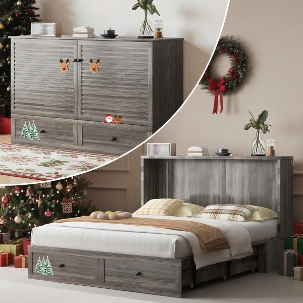 商品名:  BALUS Murphy Queen Bed, Chest Murphy Beds with USB Chariging Station &amp; Storage Drawer, Wooden Cabinet Beds wit...