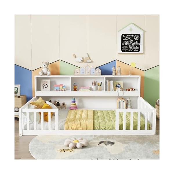 商品名:  OYUMOENTS Kids Montessori Floor Bed, Twin Size Floor Bed with Bookcase and Guardrails, Kids Beds with Storage for ...