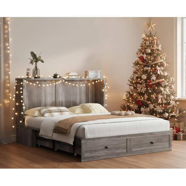 商品名:  BALUS Queen Murphy Bed with Tri-Fold Mattress, Cabinet Beds with USB Ports &amp; Large Storage Drawer, Wooden Cabi...