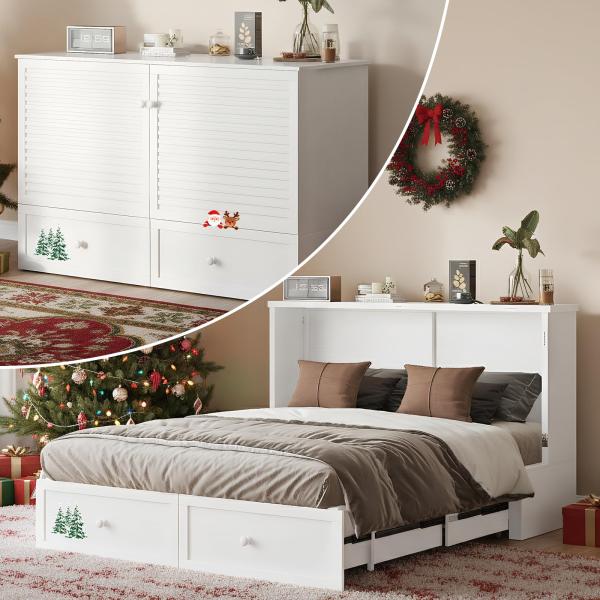 商品名:  BALUS Murphy Queen Bed, Chest Murphy Beds with USB Chariging Station &amp; Storage Drawer, Wooden Cabinet Beds wit...