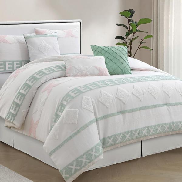 商品名:  LANCO MODERN LIFESTYLE 7 Piece White Green Comforter Set, California King, Boho Home Decor, Geometric Clip Pattern...