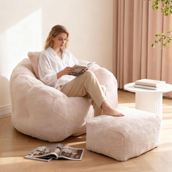 商品名: Nivayor ビーンバッグチェア オットマン付き 特大シェル型ビーンバッグカウチ 大人と子供用の快適なビーンバッグチェア ウルトラソフト フェイクファー ビーンバッグソファ リビングルーム/寝室用大型フロアチェア ピンク Niv...
