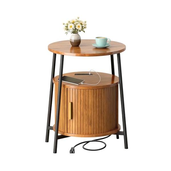 商品名:  DHH Round End Tables with Charging Station, Fluted Accent Side Table with Sliding Door, Mid-Century Modern Nightst...