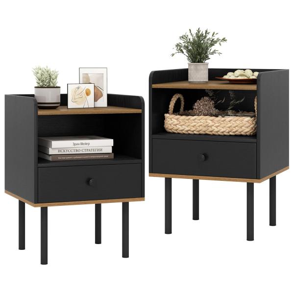 商品名:  KOMFOTT Nightstands with Drawer Set of 2, 3-Tier Sofa Side Tables with Open Storage Shelf, Modern Bedside Tables w...