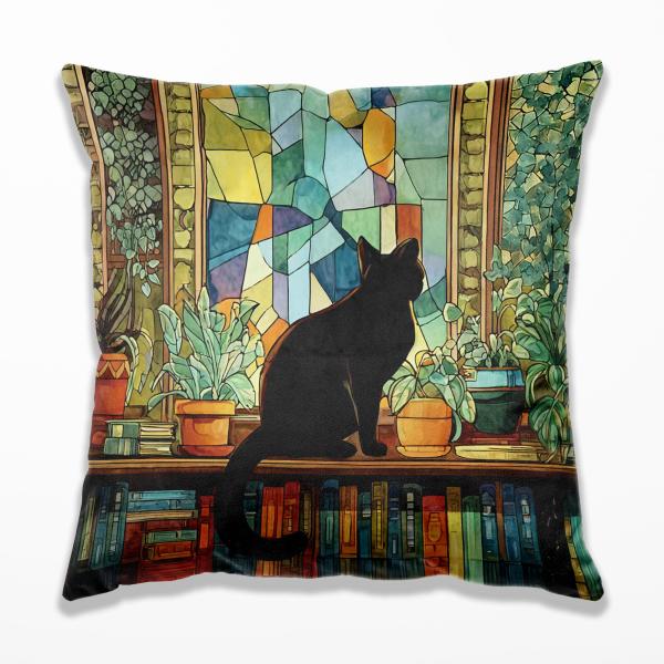 商品名: TopXmai 面白い 黒猫 枕カバー 18x18、猫と本好きへのギフト、カラフルなステンドグラス 本っぽいキティ 本棚の装飾枕カバー ホームライブラリー ソファ カウチ 寝室 リビングルーム用、A237 TopXmai Funn...