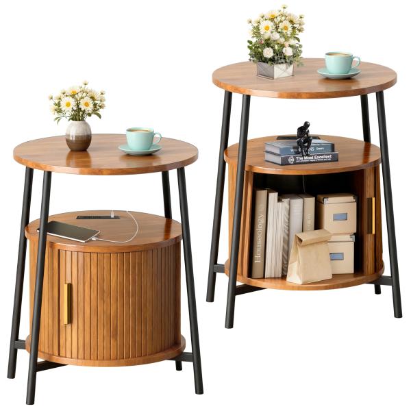 商品名: エンドテーブル2個セット&amp;充電ステーション、溝付きアクセントサイドテーブル、引き戸付き、ミッドセンチュリーモダンナイトスタンド2個セット、小さなスペース、リビングルーム、ベッドルームソファソファ用(2個、イエローウォールナ...