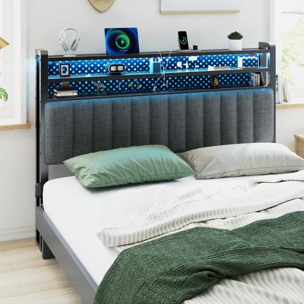 商品名: VINGLI フルサイズヘッドボードのみ、調節可能な布張りのヘッドボード、3段棚、充電ステーションとLEDライト付きペグボード、寝室の装飾用収納付きモダンなベッドヘッドボード VINGLI Full Size Headboard ...