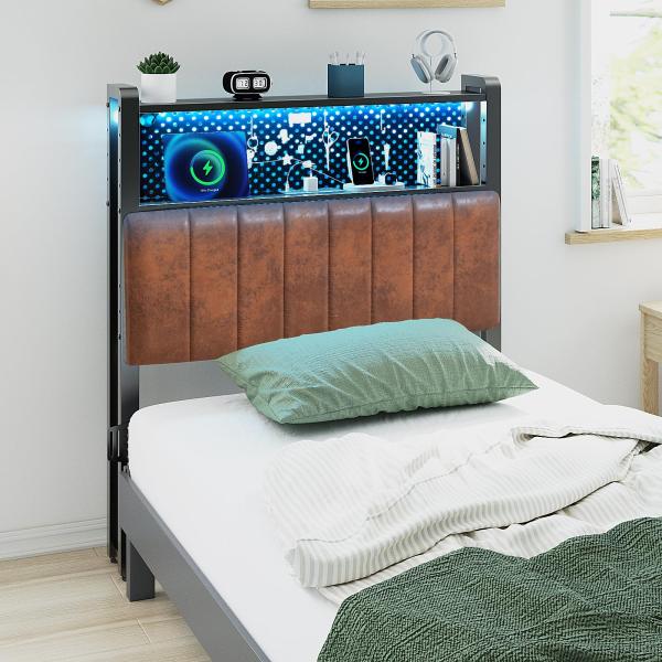 商品名: VINGLI ツインまたはツインXLサイズヘッドボード、調節可能な布張りのヘッドボード、2段棚、充電ステーションとLEDライト付きペグボード、寝室の装飾用収納付きモダンなベッドヘッドボード VINGLI Twin Size Hea...