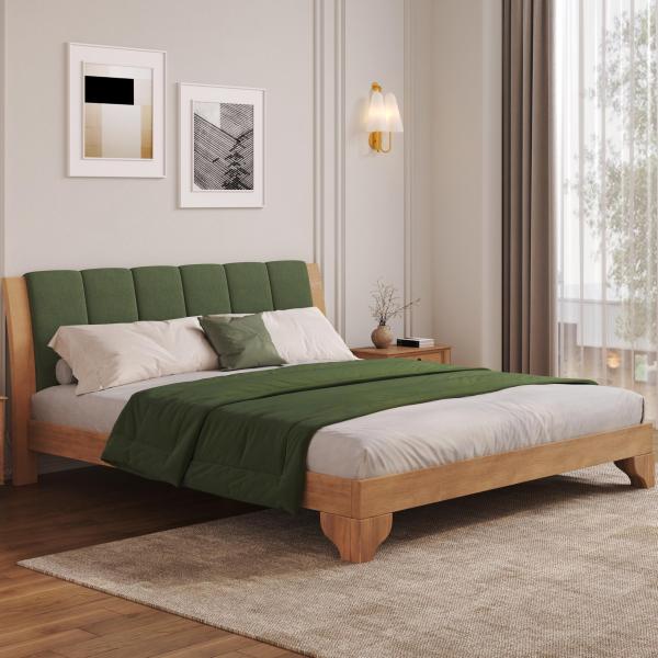 商品名:  Natural &amp; Green King Size Bed Frame, Mid Century Modern Platform Bed with Upholstered Headboard, Premium Pine ...