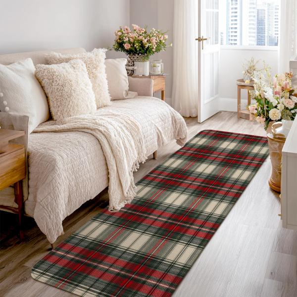 商品名:  Plaid Runner Rug, Traditional Rustic Check Lines Winter Red Non-Slip Edge Binding Home Rectangle Carpet for Kitche...