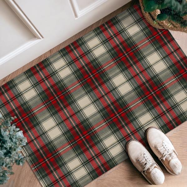商品名:  Plaid Runner Rug, Traditional Rustic Check Lines Winter Red Low Pile Sponge Indoor Doormat Accents Rug Non Sheddin...