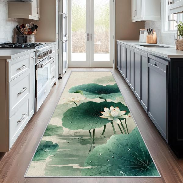 商品名:  Long Narrow Hallway Runner Rug 2x10, Chinese Watercolor Lotus Rug, Asian Floral Pattern, Bed Side Runner Rugs for ...