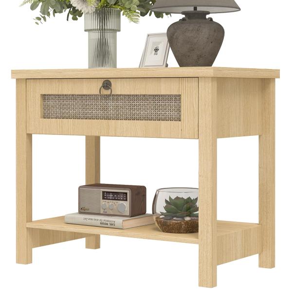 商品名:  Large Nightstands with Charge Station, Modern Bedside Table with Drawer and Storage Shelf, Wood End Table Mid Cent...