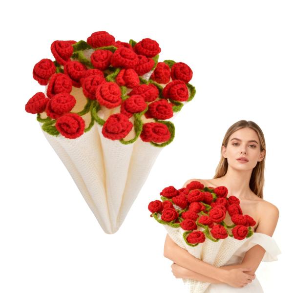 商品名: かぎ針編みのローズフラワーブーケブランケット、ハンドメイド仕上げのレッドローズブランケットラウンドソフト肌に優しいマット、ショール、女性へのロマンチックなギフト、ホームソファデコレーションピクニックブランケットデコレーション(Lサ...