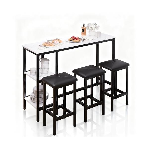 商品名:  uhomepro 4-Piece Kitchen Bar Table Set with Storage Shelves - 57.1” Sofa Table with Stools, Simple Style, Easy Ass...