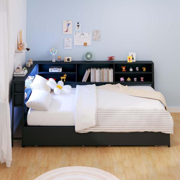 商品名:  Clyrava Twin Size Corner Bed Frame with Bookcase Storage and LED Lights, Black Daybed with 2 Storage Drawers Under...
