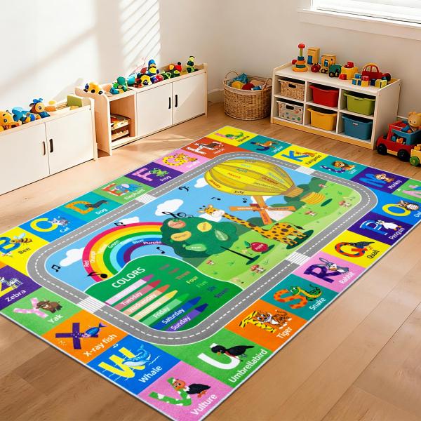 商品名: 教育用 3x5 子供用ラグ プレイルーム用 滑り止め 洗濯可能 プレイマット アルファベット数字 季節 アニマルカラー フルーツ、キッズエリアラグ 教室用カーペットラグ 子供部屋 幼児部屋の装飾用 Kids Rug for Pla...