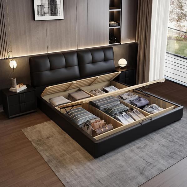 商品名:  LSIGHTUS Black Simple Full Size Genuine Leather Bed with Wooden Slats Storage Platform Bed Frame with Headboard an...