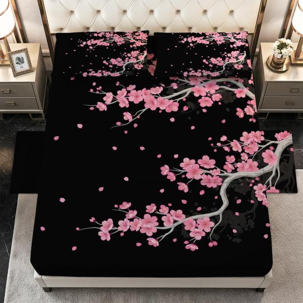 商品名:  Cherry Blossom Sheets Twin Size - Black and Pink Japanese Bed Sheet Set - Deep Pocket Soft Microfiber Bedding Set ...