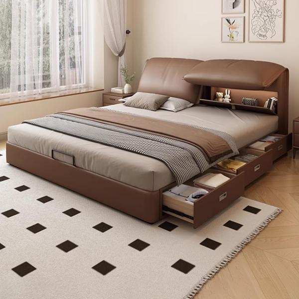 商品名:  LSIGHTUS Brown Simple Queen Size Genuine Leather Bed with Wooden Slats Upholstered Platform Bed Frame Headboard an...