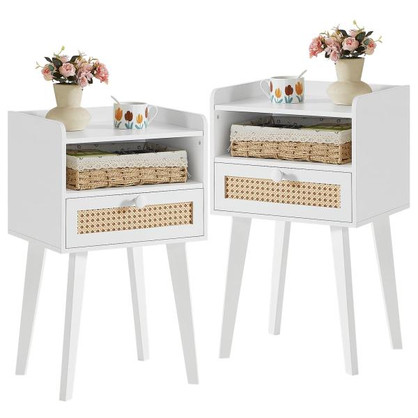 商品名: Lerliuo ラタン ナイトスタンド 2個セット 引き出しオープンシェルフ付き 杖アクセント ナイトスタンド ベッドサイドエンドテーブル 無垢材の脚付き ボーホーナイトスタンド ベッドサイドテーブル 寝室 リビングルーム 寮 小...