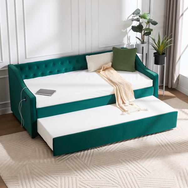 商品名:  Twin Size Daybed with Pop-Up Trundle, Twin to King Size Button-Tufted Velvet Upholstered Trundle Sofa Day Bed Fram...