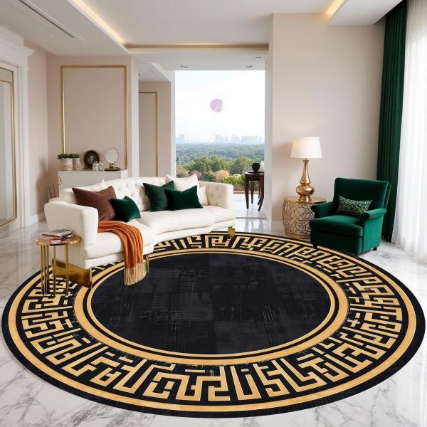 商品名:  Black Gold Greek Key Round Area Rug Neoclassical Luxury Circular Carpet for Living Room Bedroom Nursery Dining Roo...