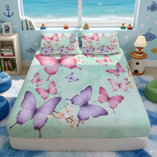 商品名:  Dreamy Watercolor Pink Purple Butterfly Fitted Sheet Set, Super Soft Printed Bed Sheets, Deep Pocket Design for 6-...